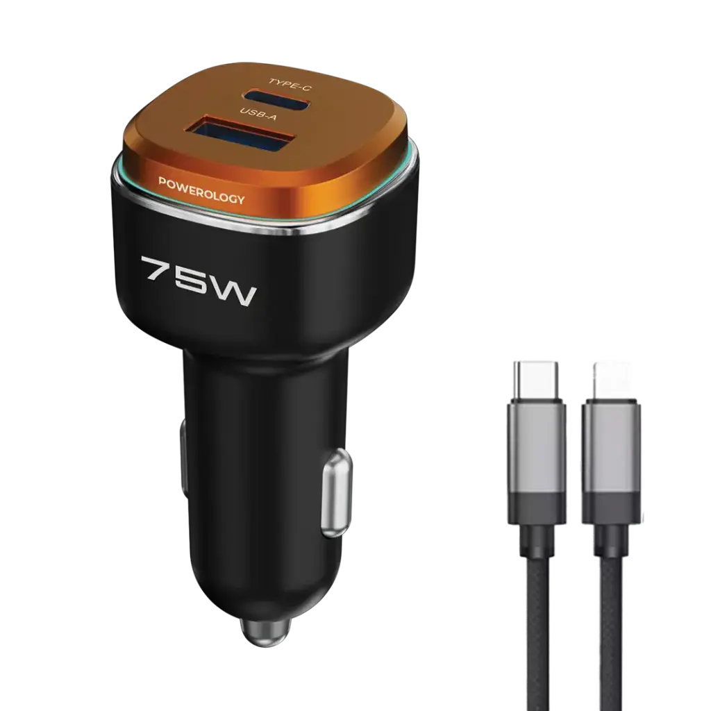Powerology 75W Dual-Port High-Power Car Charger | PD 45W + QC 30W